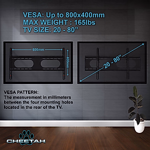 Cheetah APTMMB TV Wall Mount for 20-80" TVs (Some up to 90”) up to VESA 730 and 165lbs, and fits 16” and 24” Wall Studs, and Includes a Tilt TV Bracket, a 10' Twisted Veins HDMI Cable and a 6" 3-Axis