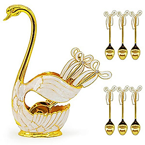 Flylin Coffee Spoon Holder Coffee Dessert Spoon Set Metal Swan Base Holder Spoon Organizer with 6pcs Ice Cream Spoons Teaspoons Coffee Dessert Flatware (Gold)