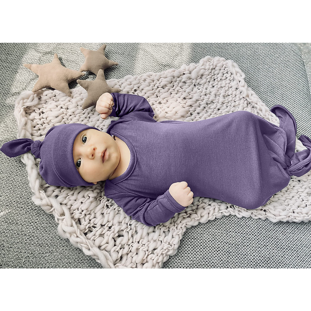 Soft Newborn Baby Gown with Hat | Sleep Nightgown with Long Sleeve and Mitten Cuffs for Girl and Boy (Navy)