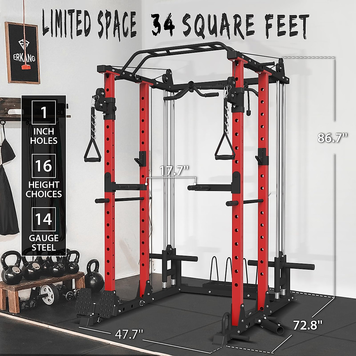 ER KANG Multi-Functional Power Rack, Power Cage with Dual Pulley System, Strength Training Squat Rack Home Gym Fitness