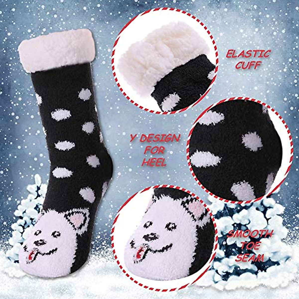 DYW Women Winter Thick Slipper Socks with Grippers Non Slip Warm Fleece Lining Fluffy Fuzzy Socks Christmas Gifts (Dog B)