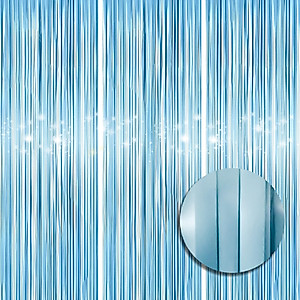 3 Pack Foil Curtains Metallic Foil Fringe Curtain-JVIGUE，Birthday Party Photo Backdrop Wedding Event Decor (Pale Blue Decorative Streamers)