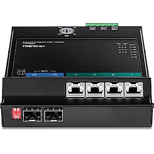 TRENDnet 6-Port Industrial Gigabit PoE+ Wall-Mounted Front Access Switch, TI-PG62F, 4 x Gigabit PoE+ Ports, 2 x Gigabit SFP Slots, DIN-Rail, Wall Mount Brackets Included, IP30, 120W PoE Budget
