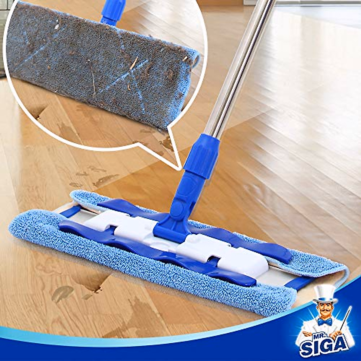 MR.SIGA Professional Microfiber Mop for Hardwood, Laminate, Tile Floor Cleaning, Stainless Steel Handle - 3 Reusable Flat Mop Pads and 1 Dirt Removal Scrubber Included