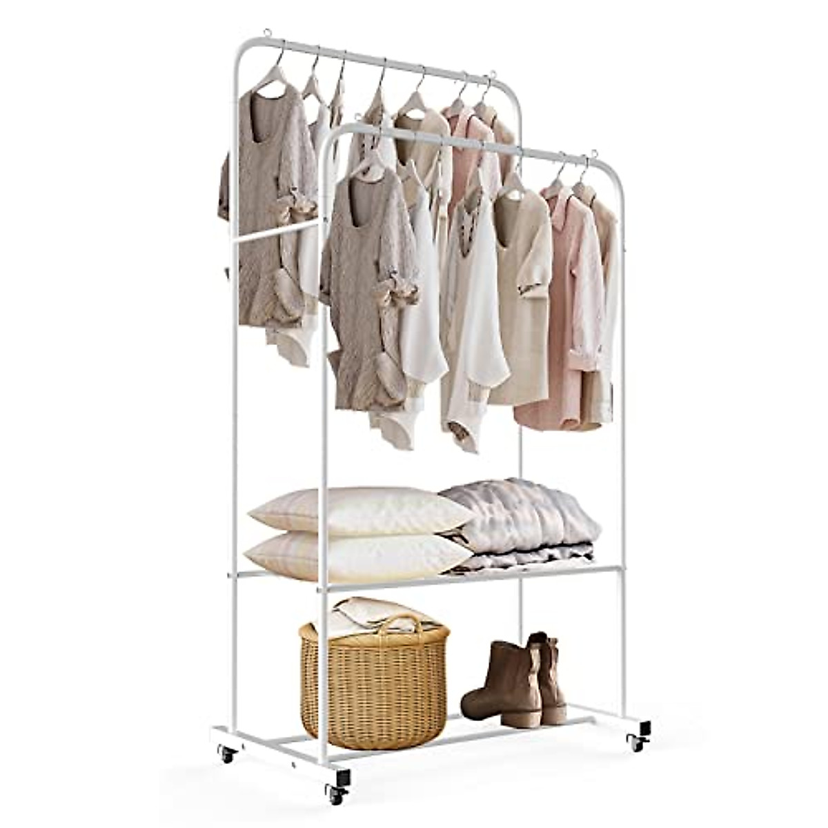 Metal Clothes Hanging Rolling Garment Rack with 2 Tier Shelves and Double Rod, Multi-Purpose Double Rail Standing Closet Storage Organizer, Upgrade Heavy Duty Rolling Pipe Coat Hanger for Boxes Shoes