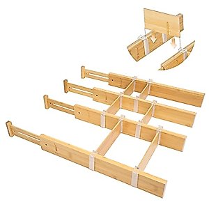 AISHIY Upgrade Bamboo Drawer Divider System,Adjustable Drawer Organizers,Expandable Utensil Organization System for Kitchen,Dressers and Bathroom,4 Divider with 6 Insert and 12 Divider Clips（17-22in）