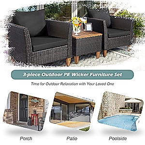 Tangkula 3-Piece Patio Furniture Set, Patiojoy Outdoor PE Wicker Bistro Set with Soft Cushions and Solid Acacia Wood, Outdoor Conversation Set with Porch, Balcony and Garden (Black)