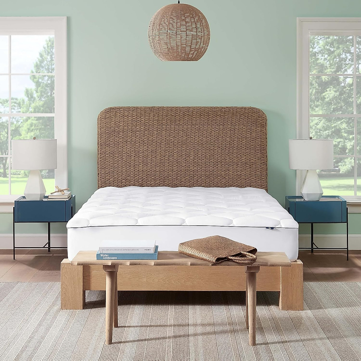 Serta Ocean Breeze Elastic Fitted Breathable Pillow Top Mattress Pad Protector with Sustainable Fiber Fill and Tencel Cover for All Season, Queen, White