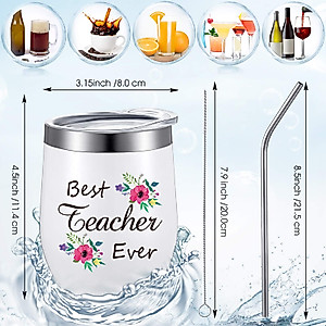 Patelai 2 Pcs Teacher Appreciation Gifts Best Teacher Ever Wine Tumbler Appreciation Gift for Women Thank You Gift Graduation Birthday Present 12 oz Stainless Steel Tumbler with Lid and Straw (White)