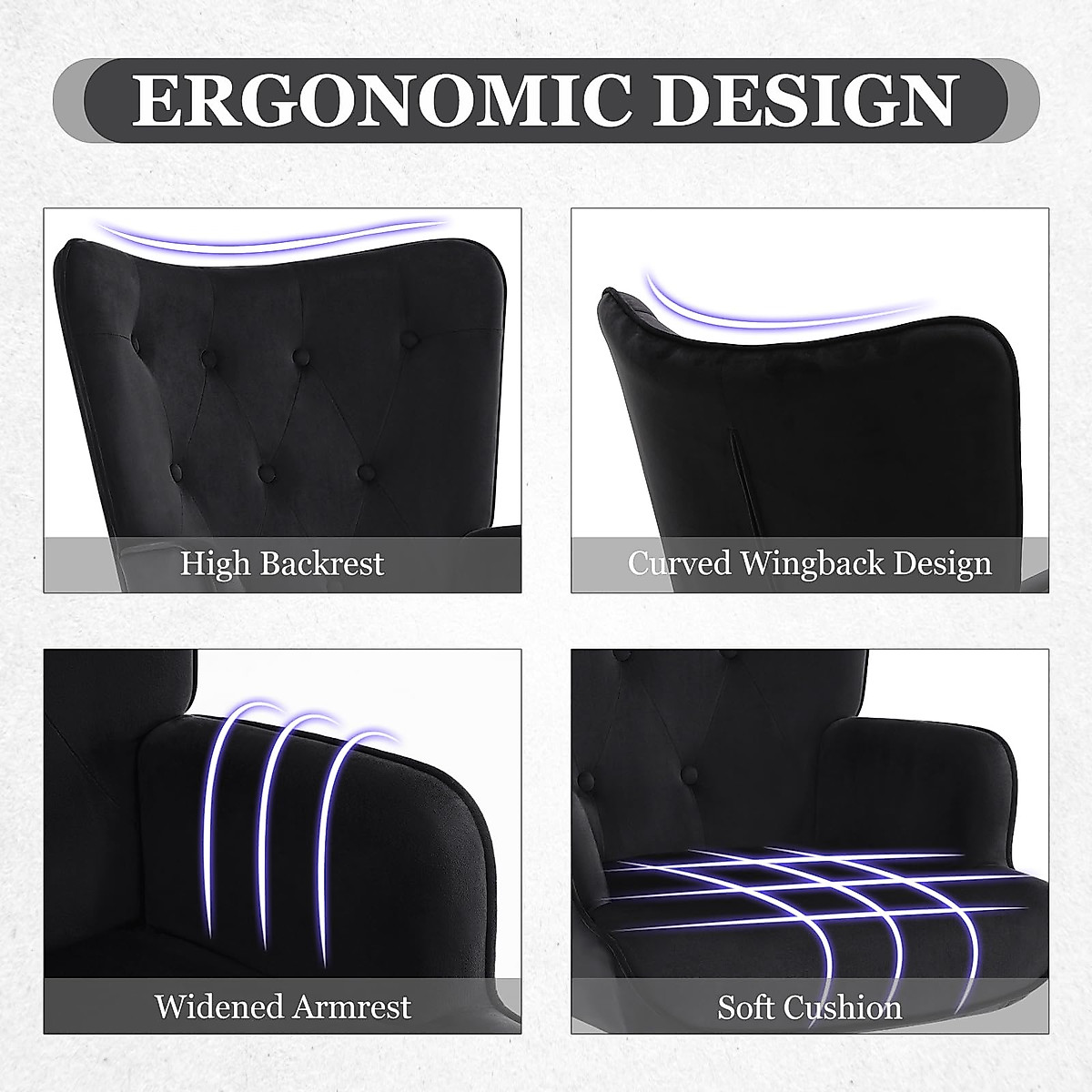 Furnimart Black Velvet Accent Chair Mid Century Modern Living Room Chairs; Comfy Armchair Leisure Vanity Guest Wingback Chair for Office Study Vanity Bedroom Waiting Room