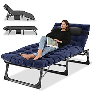 LILYPELLE Portable Folding Camping Cot, Adjustable 4-Position Adults Reclining Folding Chaise with Pillow, Outdoor Portable Folding Lounge Chair Sleeping Cots Bed for Camping, Pool, Beach, Patio