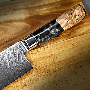 Chef's Meat Cutting Knife 7 Inch Japanese Damascus Steel Sande Knife Kitchen Cutting Meat Vegetables and Fruits Tools Resin Wooden Handle By BIEMBI