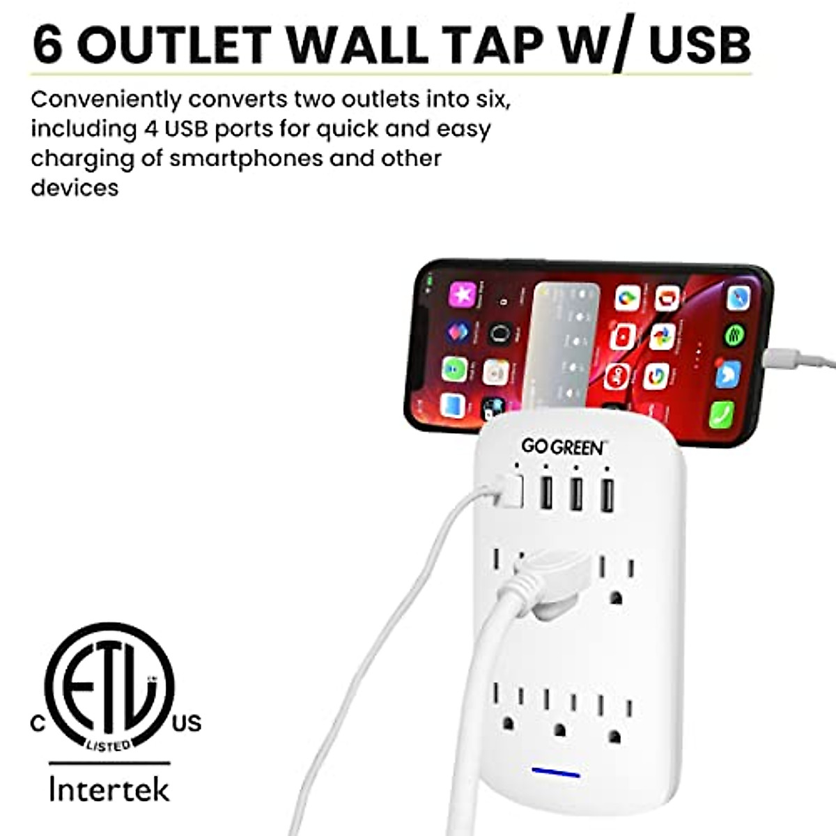 GoGreen Power (GG-16000USB4) 6 Outlet 2.4 AMP USB Wall Tap Adapter with USB Ports and Surge Protection, 735 Joules Surge Rating, White