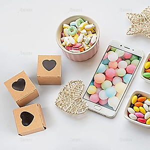 AUEAR, 50 Pack of Kraft Gift Boxes with Clear Plastic Heart Window 2x2x2 inch Treat Gift Boxes for Cake Candy Cookies Dessert