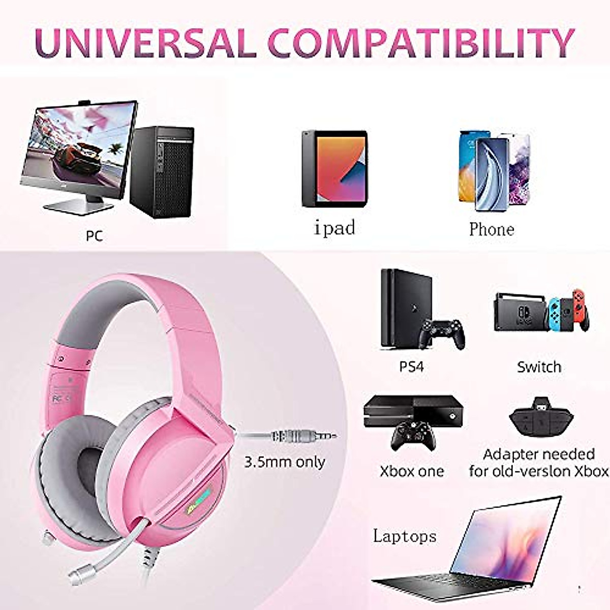 Pink game headset CM6000, suitable for PC, PS4, PS5, Xbox One, Nintendo Switch, PS4 headset with crystal noise reduction microphone and LED light, 7.1 stereo surround sound game headset