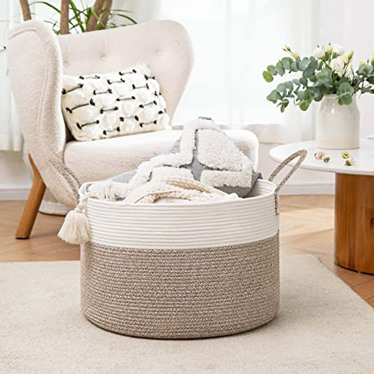 INDRESSME Cotton Rope Basket Extra Large Woven Basket for Blankets Toy Basket Baby Laundry Basket with Big Handles Rope Hamper Storage Bin for Organizer Toy Pillow Living Room, 21 D x 14 H Inches