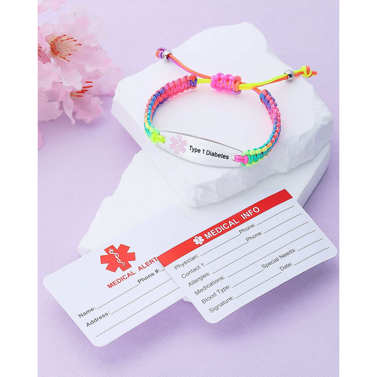 JF.JEWELRY Medical Alert Bracelets for Women, Personalized Custom Medical Bracelets for Women, Nylon Braided Medical ID Bracelets - Rainbow