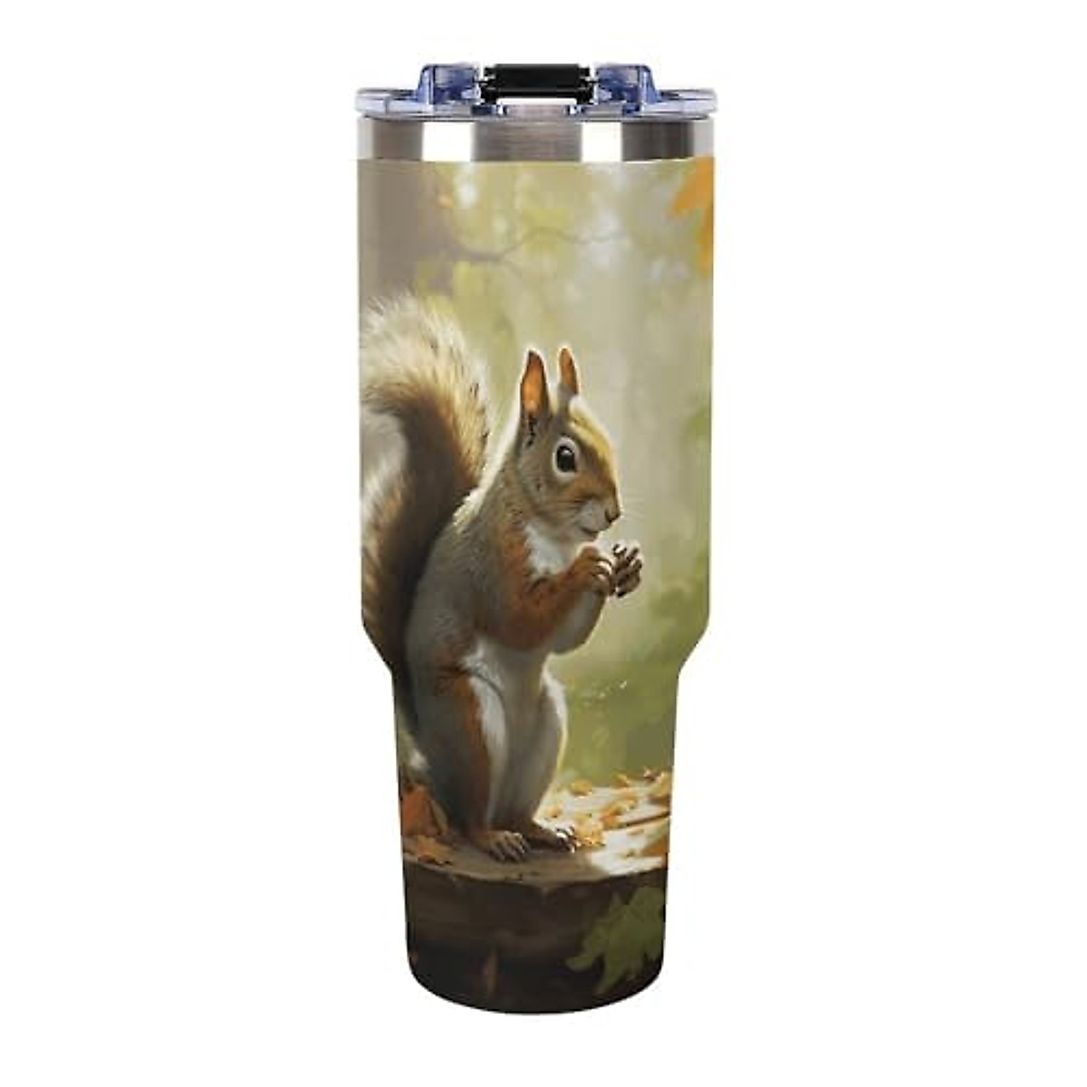 LLUTSNTH 40 Oz Vacuum Tumbler with Light Rose Red Handle Leakproof Insulated Tumbler Squirrel Eats Nuts Stainless Steel Travel Mug with Lid And Straw Coffee Cup Cute Water Bottles Cup Holder Friendly