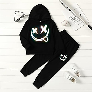 PATPAT Boy's Long Sleeve Luminous Tracksuit Set Pullover Hoodie Jogging Pants Set 2 Pieces Sweatshirt Elastic Sweatpants Black 6-7 Years