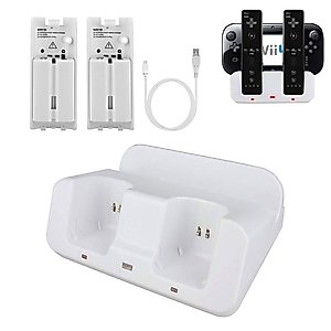 Wii U Charger Dock Station for Wii Remote & Wii U Gamepad with 2 Rechargeable Batteries Charging Cable Led Indicator -White