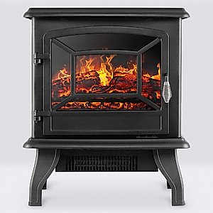 Della 17 Inch 1400W Compact Freestanding Portable Electric Fireplace Stove Heater with Realistic 3D Flame Effect, Infrared Quartz Indoor Heat, Faux Logs - Black