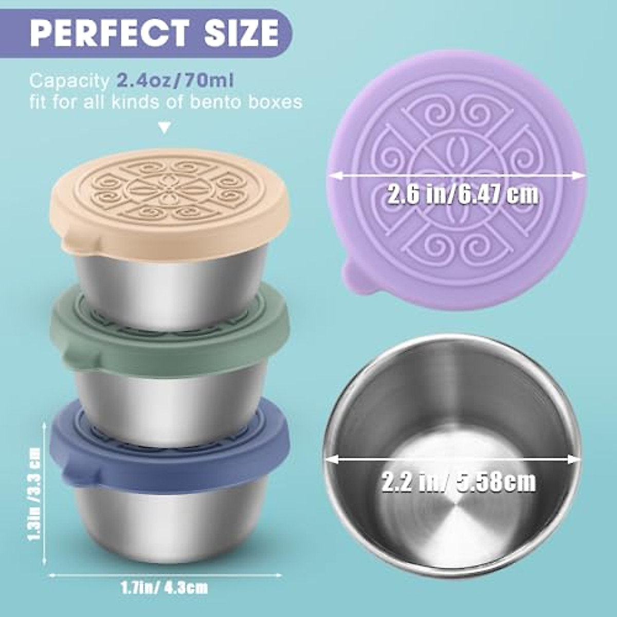 Maxcheck 24 Pack 2.4 oz Salad Dressing Container with Leakproof Silicone Lids Small Condiment Containers Reusable Stainless Steel Sauce Cup Bulk for Lunch Bento Box Picnic Travel (Morandi Color)