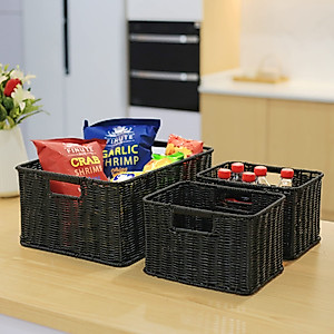 HOONEX Large Wicker Baskets for Storage, Woven Plastic Baskets for Organizing with Dual Handles, Baskets for Storage, Set of 3, Black