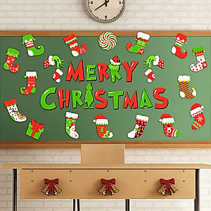 Christmas Stocking Cutouts Bulletin Board Decorations Set, Grinch Merry Christmas Letters, Whoville Christmas Party Supplies for Toddler Kid’s Room Students, Xmas School Holiday Classroom Decor