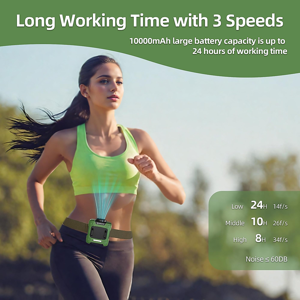 CHARMPㅤ Waist Fan - Portable Neck Fan with 10000mAh Battery, 24-Hour Runtime, LED SOS Light, 3 Speeds, 15500RPM Strong Airflow - Ideal Belt Clip Fan for Jobsite, Farming, Fishing