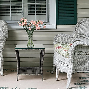 HEPMIMZHU Outdoor Patio Wicker Side Table, Square End Table Bistro Coffee Table with Glass Top Storage Shelf for Porch Garden Backyard Rattan End Table Furniture with Storage (Light Grey)