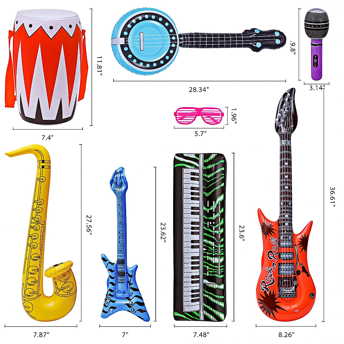 Max Fun Inflatable Rock Star Toy Set, 30 PCS 80s 90s Party Decorations Inflatable Party Props Musical Instrument Blow up Guitar Inflate Rock Band for Carnival Party Favors Rock and Roll Party Supplies