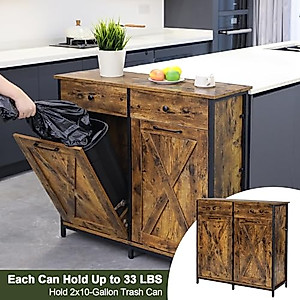 Clevich Double Tilt Out Trash Cabinet 20 Gal, Kitchen Wooden Recycling Cabinet, Hidden Trash Can Holder w/Drawers & Tabletop, Dog-Proof Trash Bin Cabinet, Trash Bins NOT Included (Retro Brown)