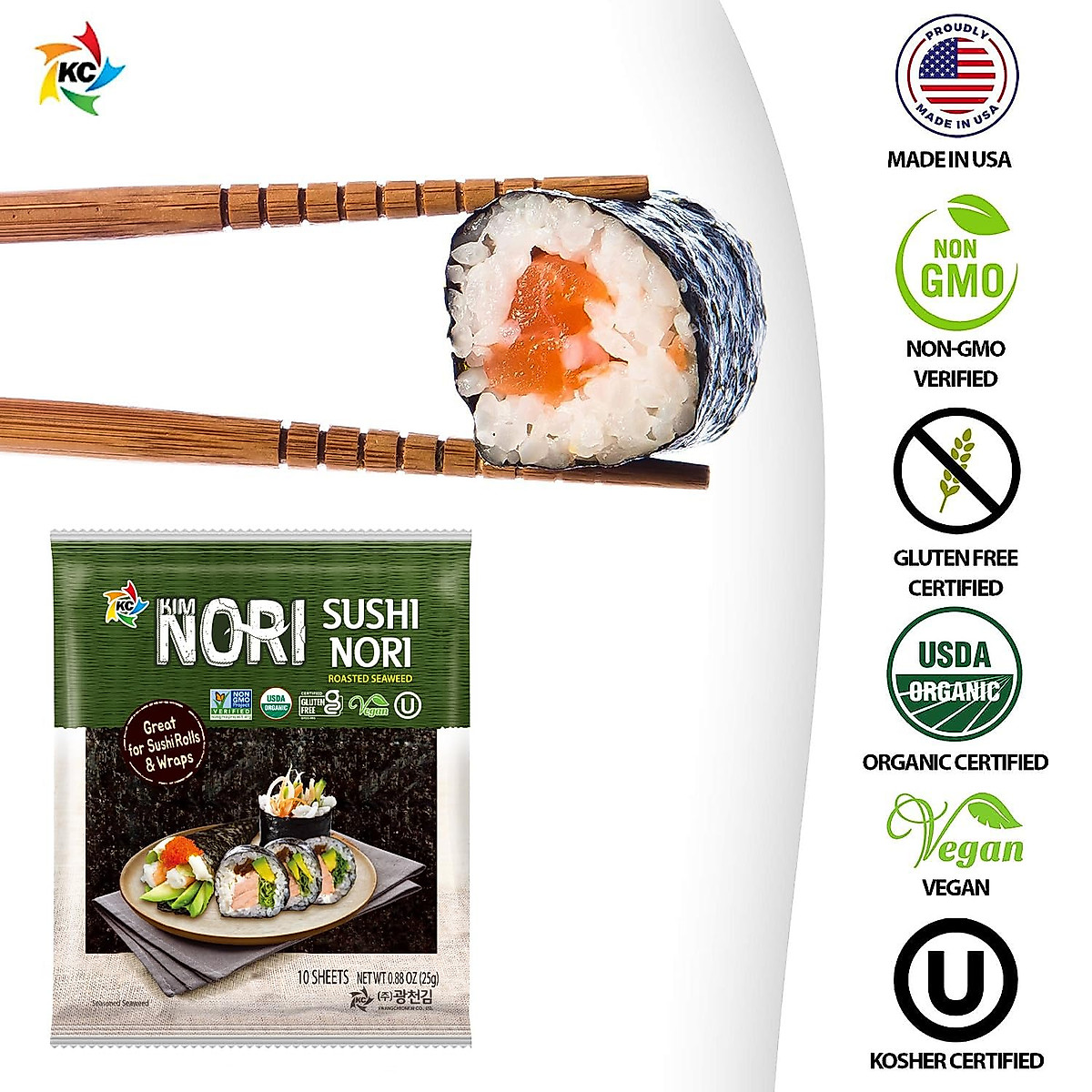 KIMNORI Sushi Nori Seaweed Sheets – 10 Full Size USDA Organic Yaki Roasted Rolls Wraps Snack 100% Natural Laver Gluten Free No MSG Non GMO Vegan Kosher 25 Gram 0.88 Ounce 김 のり 海苔 紫菜