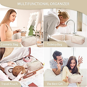 BAKLUCK Large Capacity Travel Makeup Bag Cosmetic Bag with Compartment Waterproof PU Leather Makeup Bag for Women and Girl Travel Portable Floral White Makeup Bag