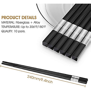 Crownyard -10 Pairs Fiberglass Chopsticks,Reusable Chop sticks Dishwasher Safe, Non-slip, 9 1/2 inch (Simple Silver)