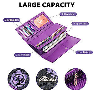 ArtsEye Roses Embossed Genuine Leather Trifold Wallet Purse (Purple)