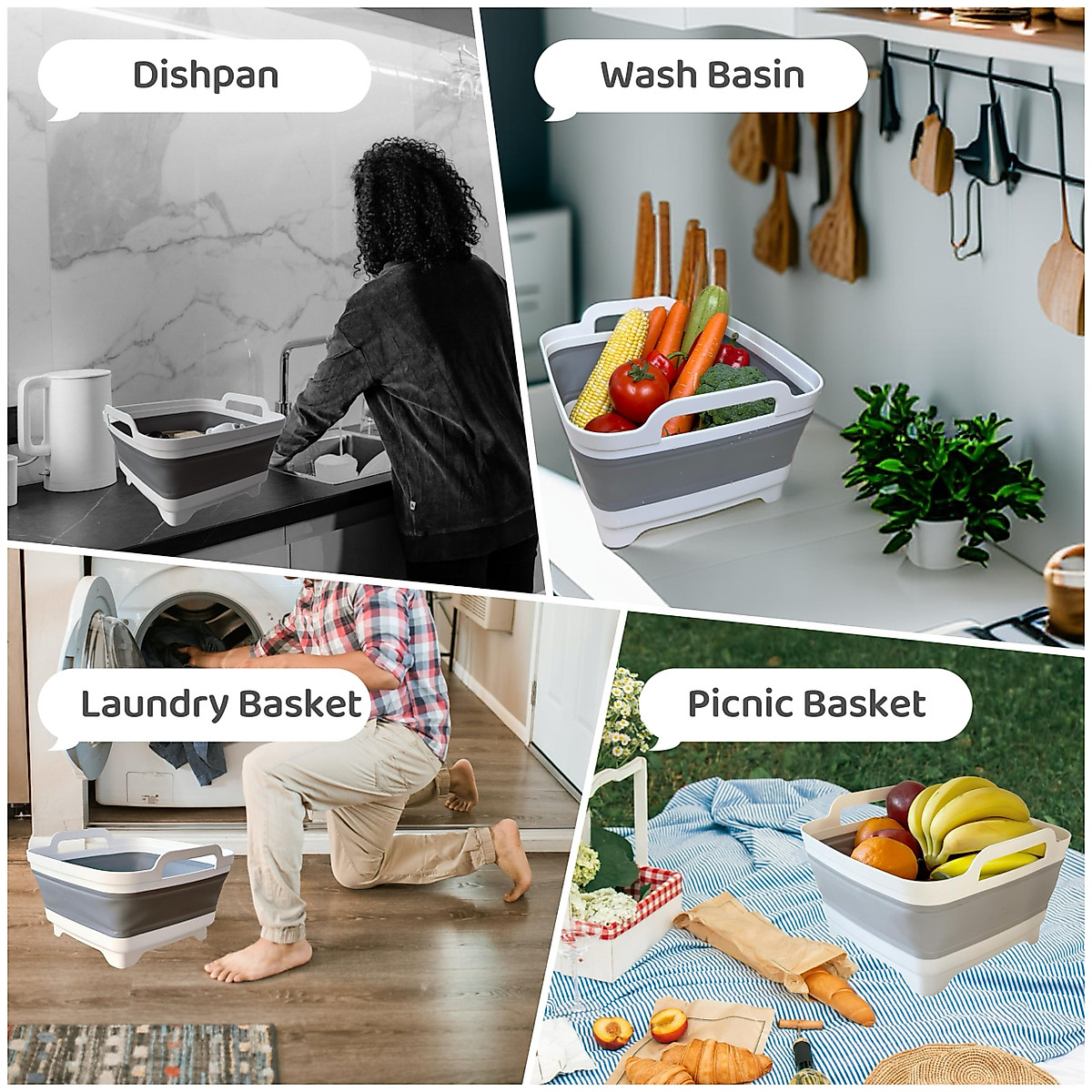 GIMWA Collapsible Wash Basin for Baby Bottles with Drain Plug, 2.4 Gallons Space-Saving Camping Sink for RV, Collapsible Dish Tub (Gray)