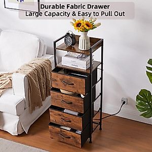 Somdot 4 Drawers Dresser with Charging Station and LED Light for Bedroom, Tall Nightstand with Removable Fabric Bins for Bedside Laundry Closet Entryway Hallway, Wood Grain Print