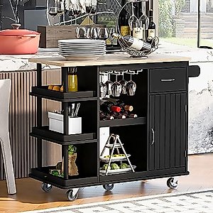 Kitchen Island Cart, Kitchen Carts on Wheels with Storage, Moveable Multipurpose Kitchen Island Cabinet with Shelves, Countertop, Wine Rack for Dining Room, Home, Bar, Black