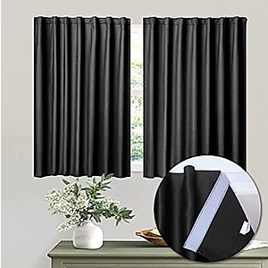 Muamar Velcro Blackout Curtains for Bedroom 2 Panels with Tiebacks(Black, 34" W x 45" L),Without Rods Small Curtains,Kitchen Curtains,Easy Install for Window, Bathroom Door,Wardrobe, Cabinet Etc