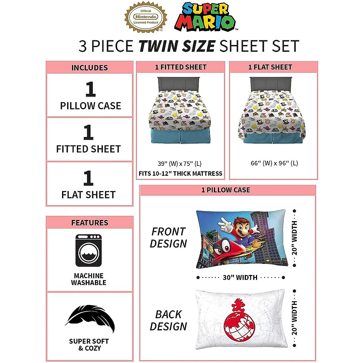 Super Mario Around The World 3-Piece Twin Sheet Set