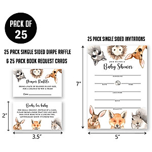 Yuzioey Woodland Baby Shower Invitations, 25 Pack Boy Woodland Invitations Macthing Envelpoes, Diaper Raffle Tickets, Book Request Cards