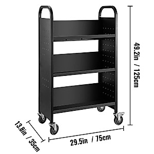 VEVOR Book Cart, 200LBS Library Cart, Single Sided V-Shaped 30x14x49 Inch Rolling Book Cart, Sloped Shelves with 4 Inch Lockable Wheels for Home Shelves Office and School Book Truck in Black