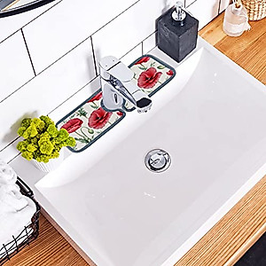 Absorbent Kitchen Faucet Mats 2 Pieces Red Poppy Flowers Faucet Sink Splash Guard Bathroom Counter and RV,Faucet Counter Sink Water Stains Preventer