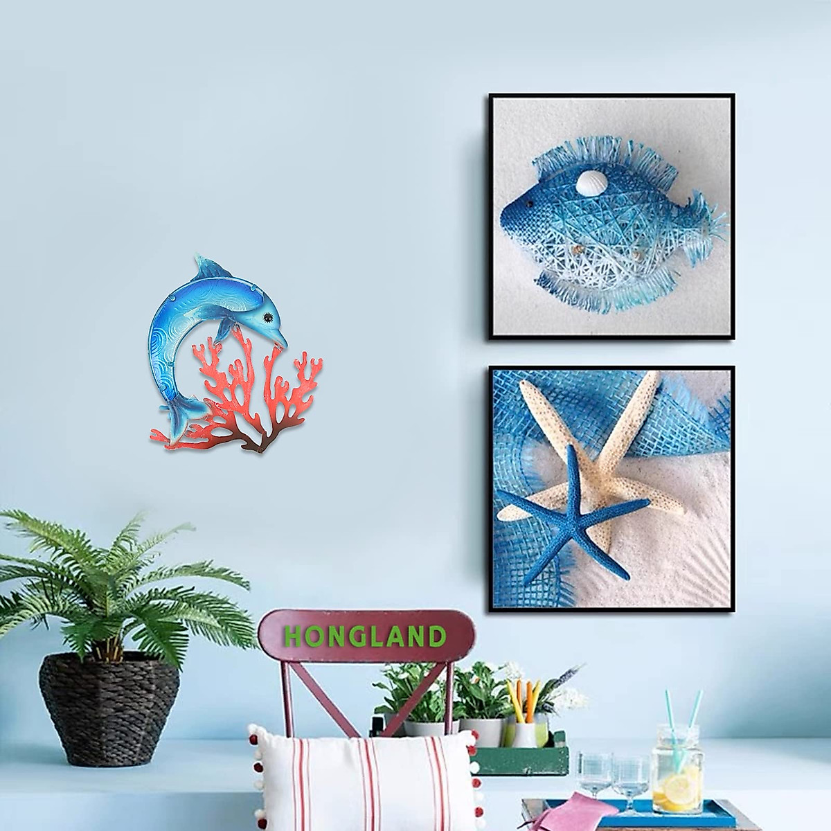 HONGLAND Metal Dolphin with Coral Wall Decor Indoor Art Sculpture Hanging Glass Decorations Blue for Home Garden Bedroom