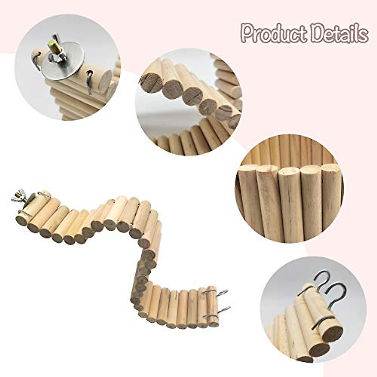 kathson 6 Pcs Wooden Hamster Suspension Ladder Bridge,Bendable Long Climbing Ladders Pet Cage Toy Accessories Hideout Natural Chew Balls for Mouse Chipmunk Rabbits and Other Small Animals
