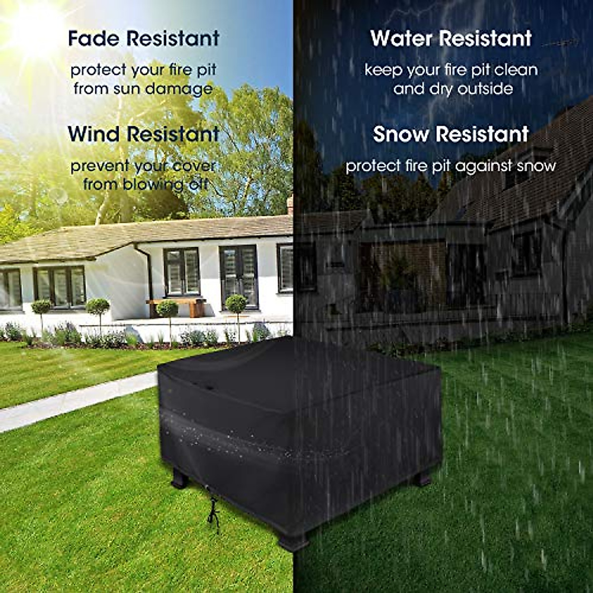 Unicook Square Fire Pit Cover 38 Inch, Heavy Duty Waterproof Fire Table Cover, Outdoor Firepit Cover with Drawstring and Handles, Fade Resistant Material, All Weather Protection, Black