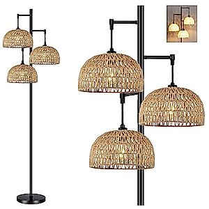 QIYIZM Floor Lamp for Living Room,Bedroom,3-Lights Boho Rattan Floor Lamps,Tree Farmhouse Industrial Black Standing Lamp Wicker Rustic Adjustable Tall Lamp,Woven Bamboo LampShade Floor Light Bohemian