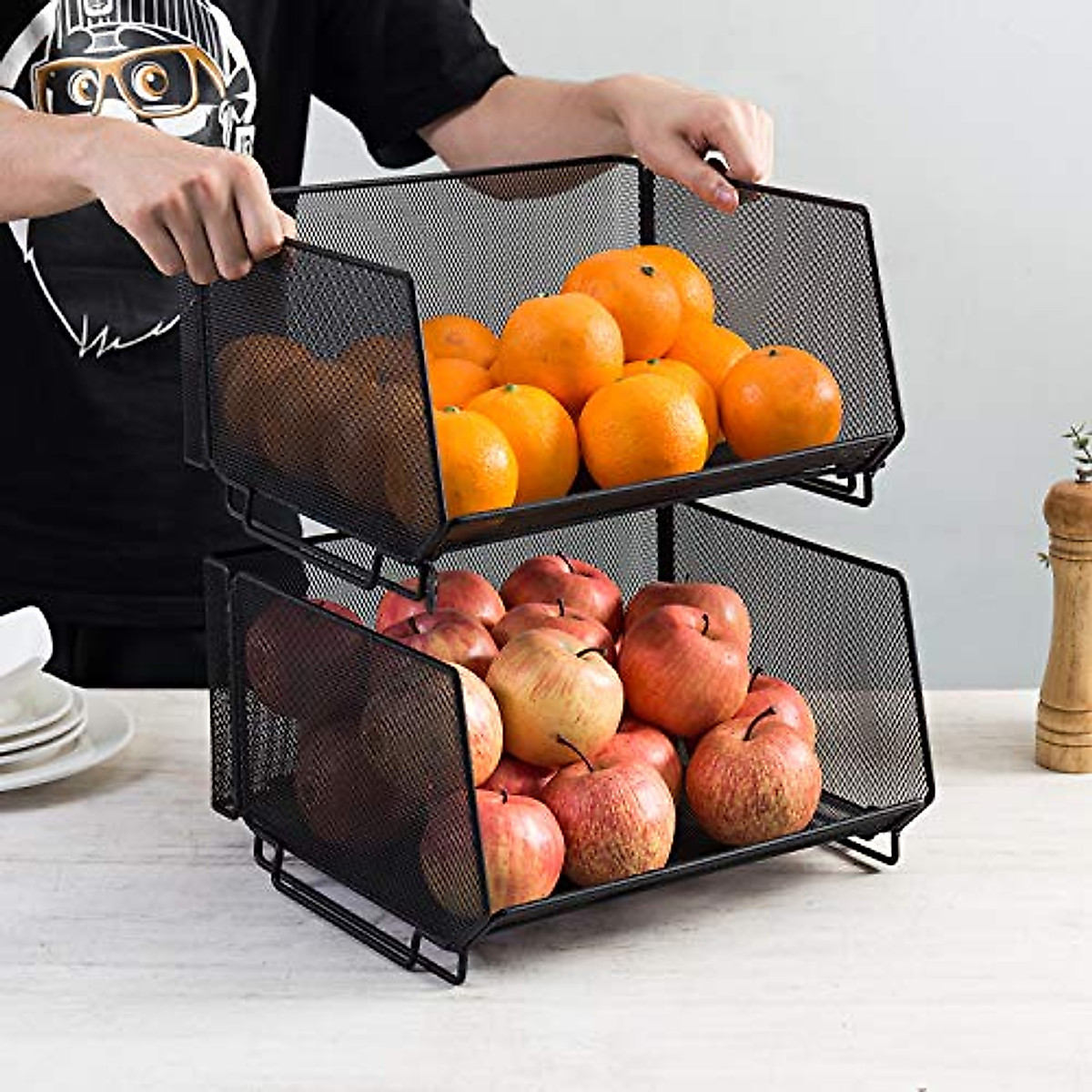 MyGift Deluxe Stackable Metal Wire Mesh Fruit & Produce Basket Rack, Kitchen Stacking Storage Bin, Set of 2