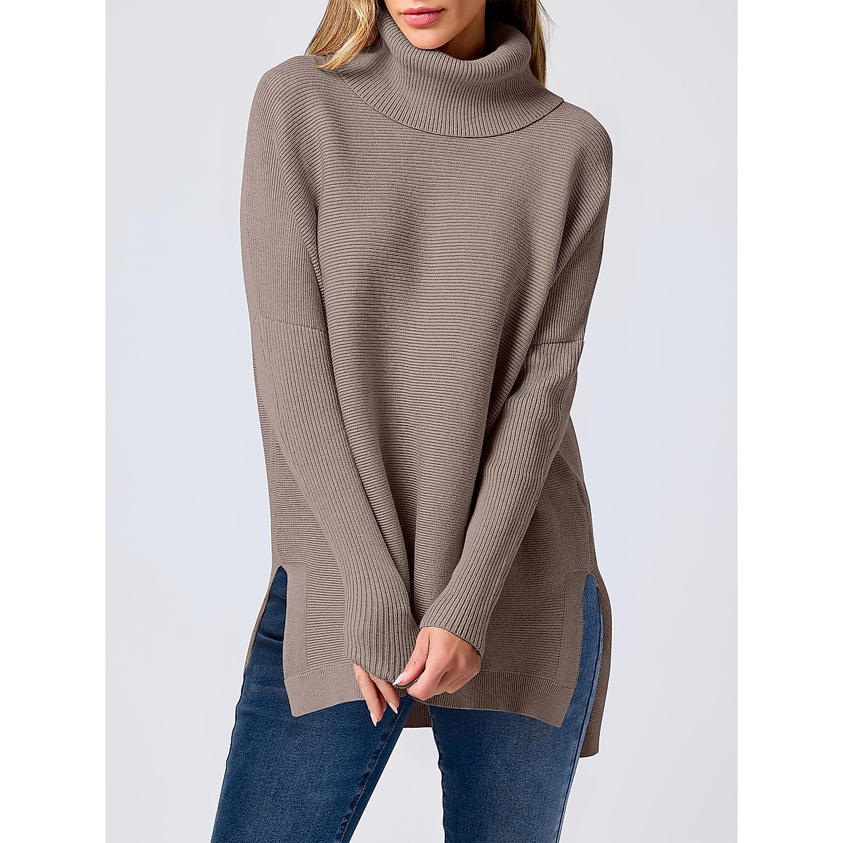 ANRABESS Women's Oversized Turtleneck Batwing Sleeve Spilt Casual Loose Knit Tunic Pullover Sweater Tops 2025 Fall Outfits Brown Small